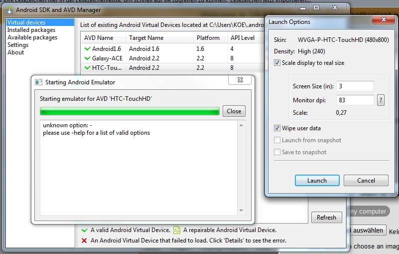 android - Starting arm emulator gives "unknown option: - please use -help for a list of valid ...
